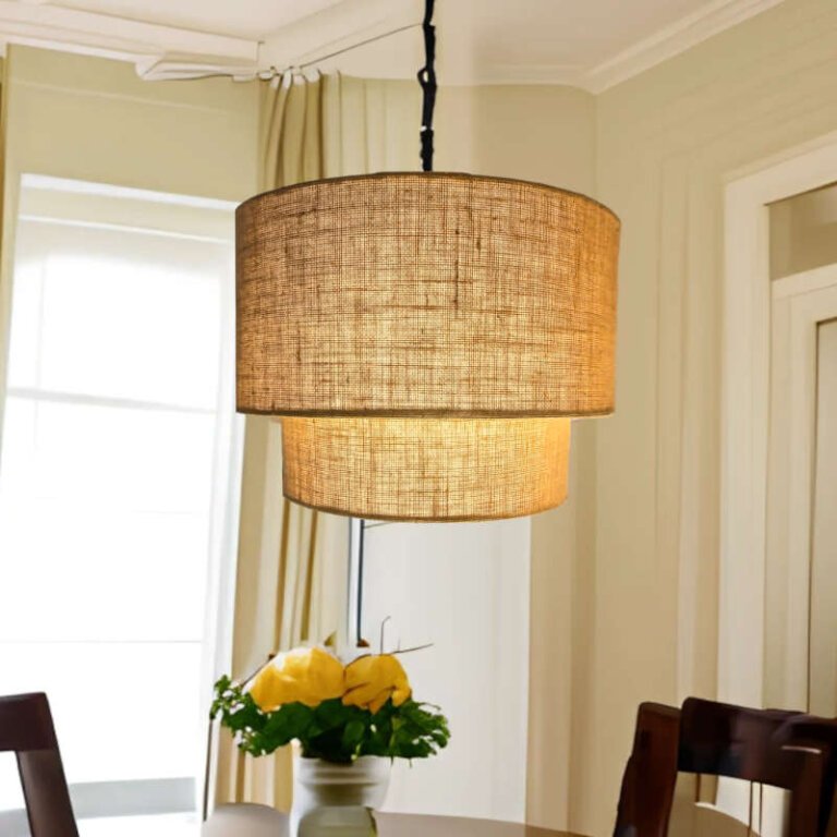 Dual Layer hanging lamp shade with beige textured fabric | Woodooz Home ...