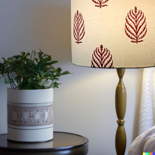Printed lamp shades | Traditional leaf motiff | Drum shade in white fabric