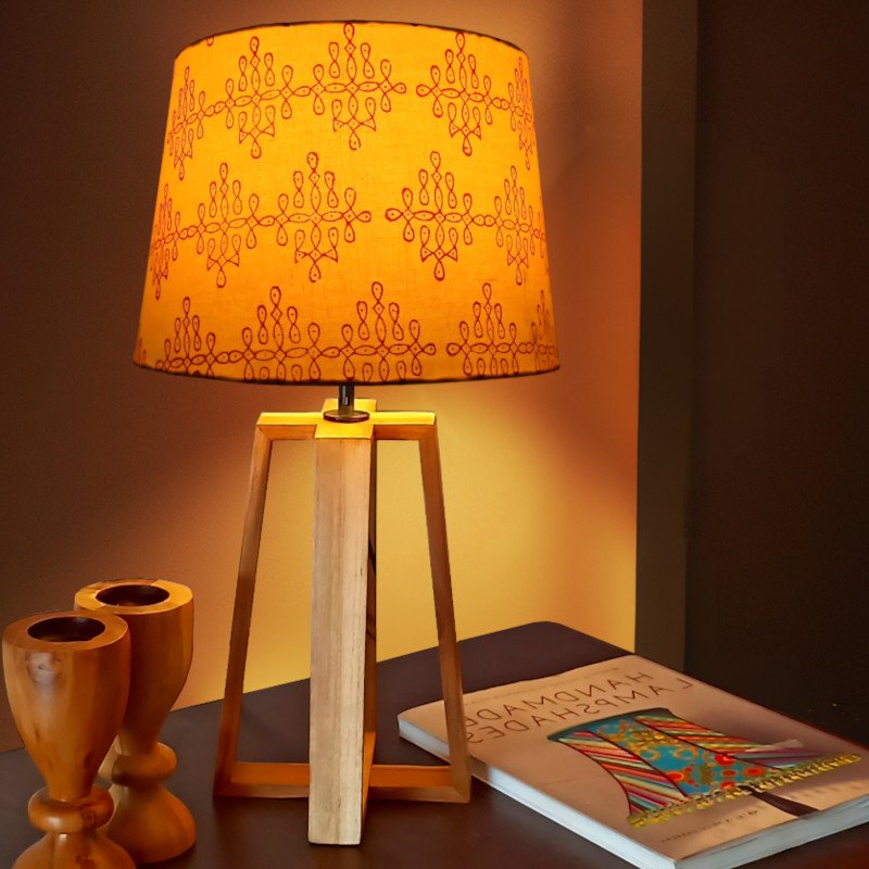 Teak table lamp with kolam deign tapered lamp shade | Woodooz Home Decor®
